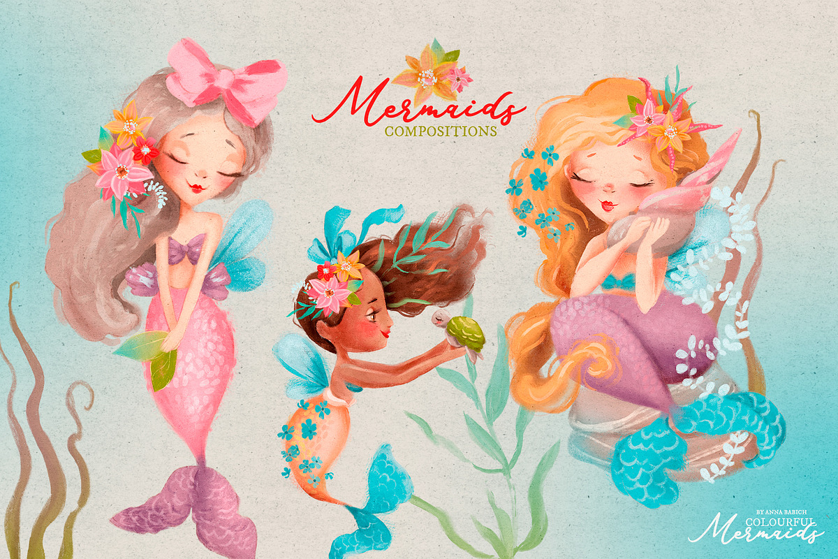 Colourful Mermaids Handpainted Clipart | Creative Market