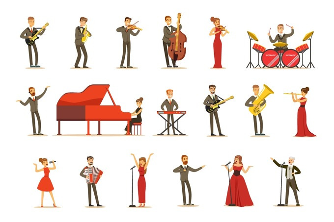 Adult Musicians And Singers Performing A Musical Number On Stage In ...