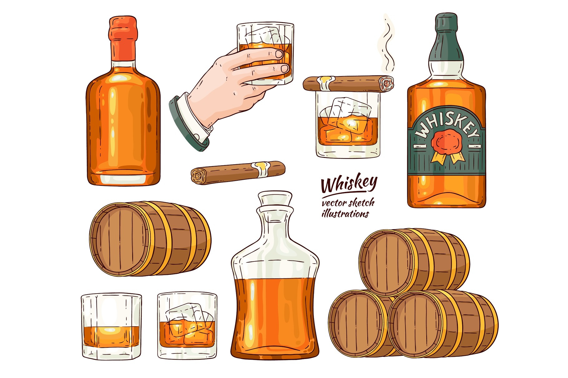 Vector whiskey alcohol symbols, a Food Illustration by Sabelskaya