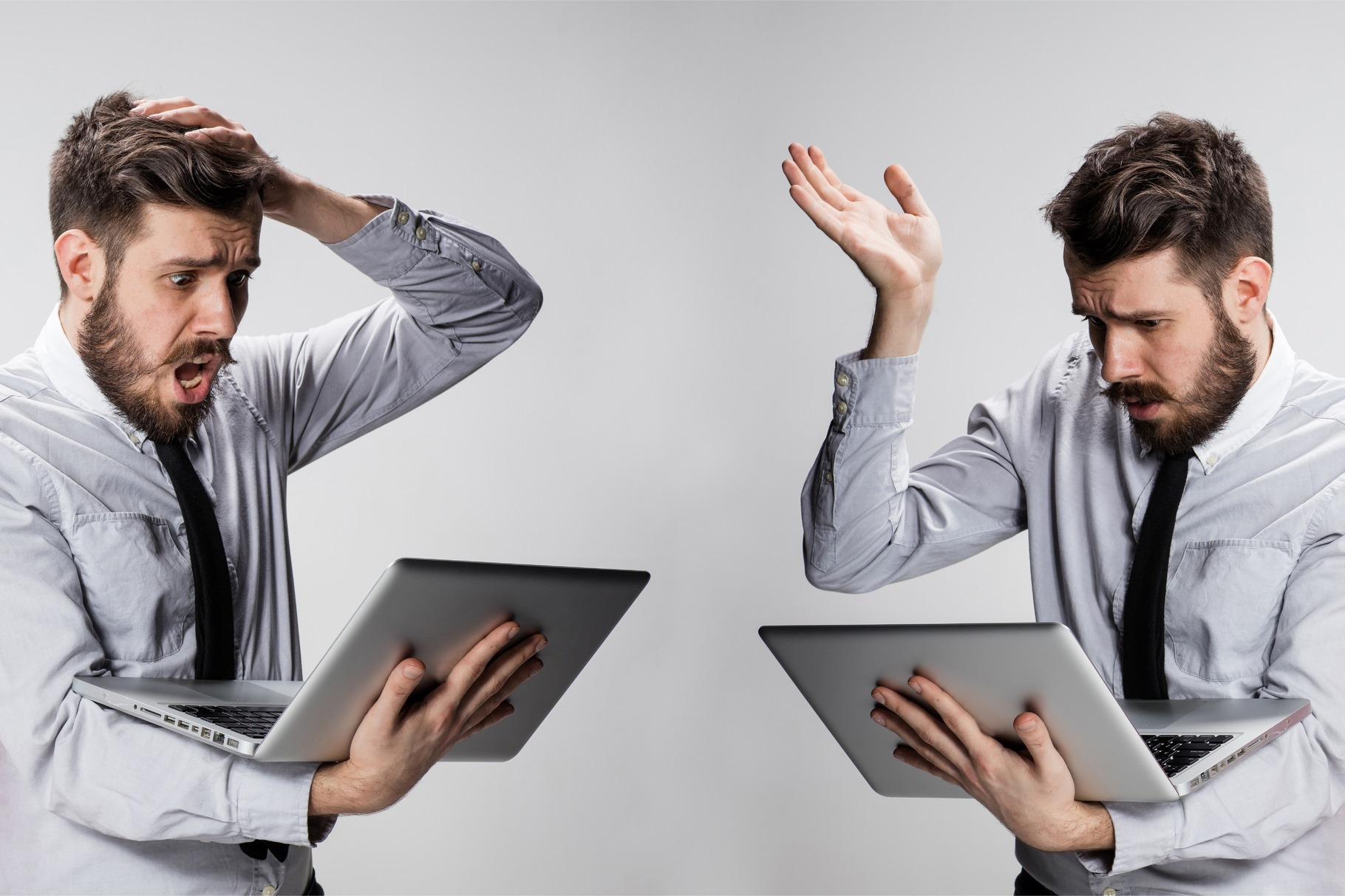 The young confused and frustrated man with his laptop computer, a ...
