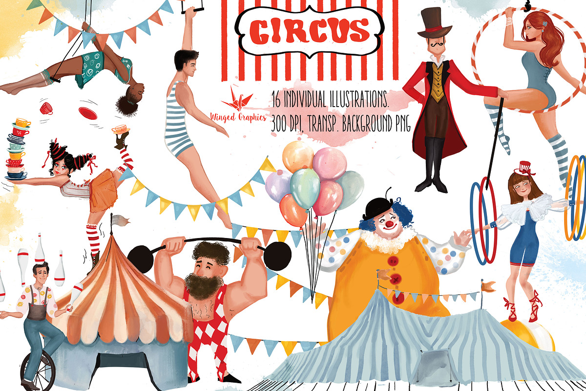 Circus arts : 16 illustration set, an Illustration by Winged Graphics