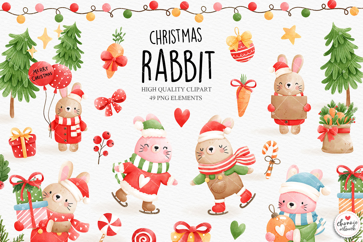 Christmas rabbit clipart, an Animal Illustration by Chonnieartwork ...