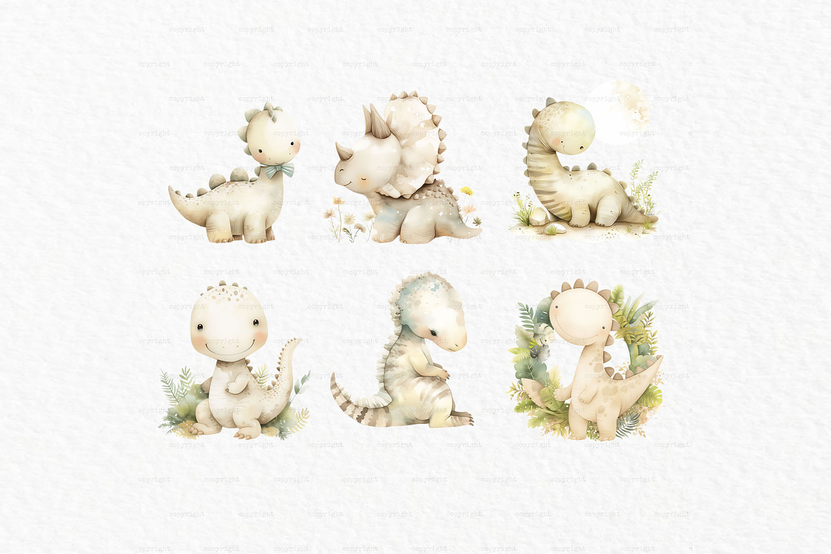Watercolor baby dinosaur clipart, an Animal Illustration by MyLittleMeow