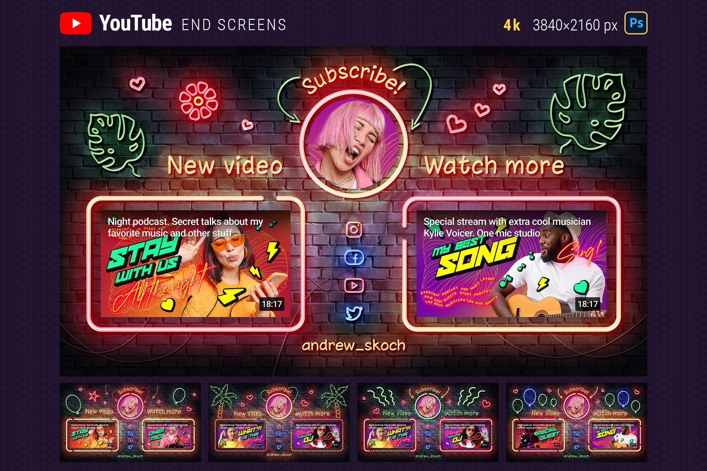 Neon YouTube End Screens, a Social Media Template by Andrew Skoch ...