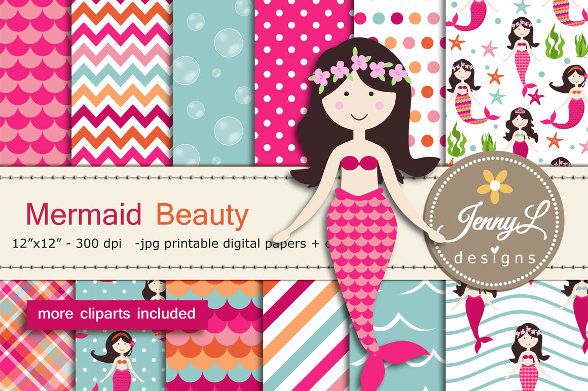 Mermaid Digital Paper & Clipart, a Pattern Graphic by JennyL Designs
