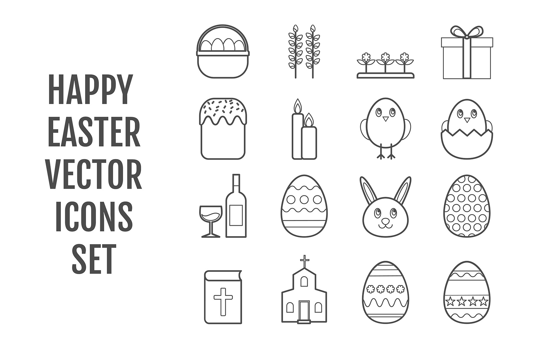 Set of 16 vector line Easter icons, an Outline Icon by Irina Romanova