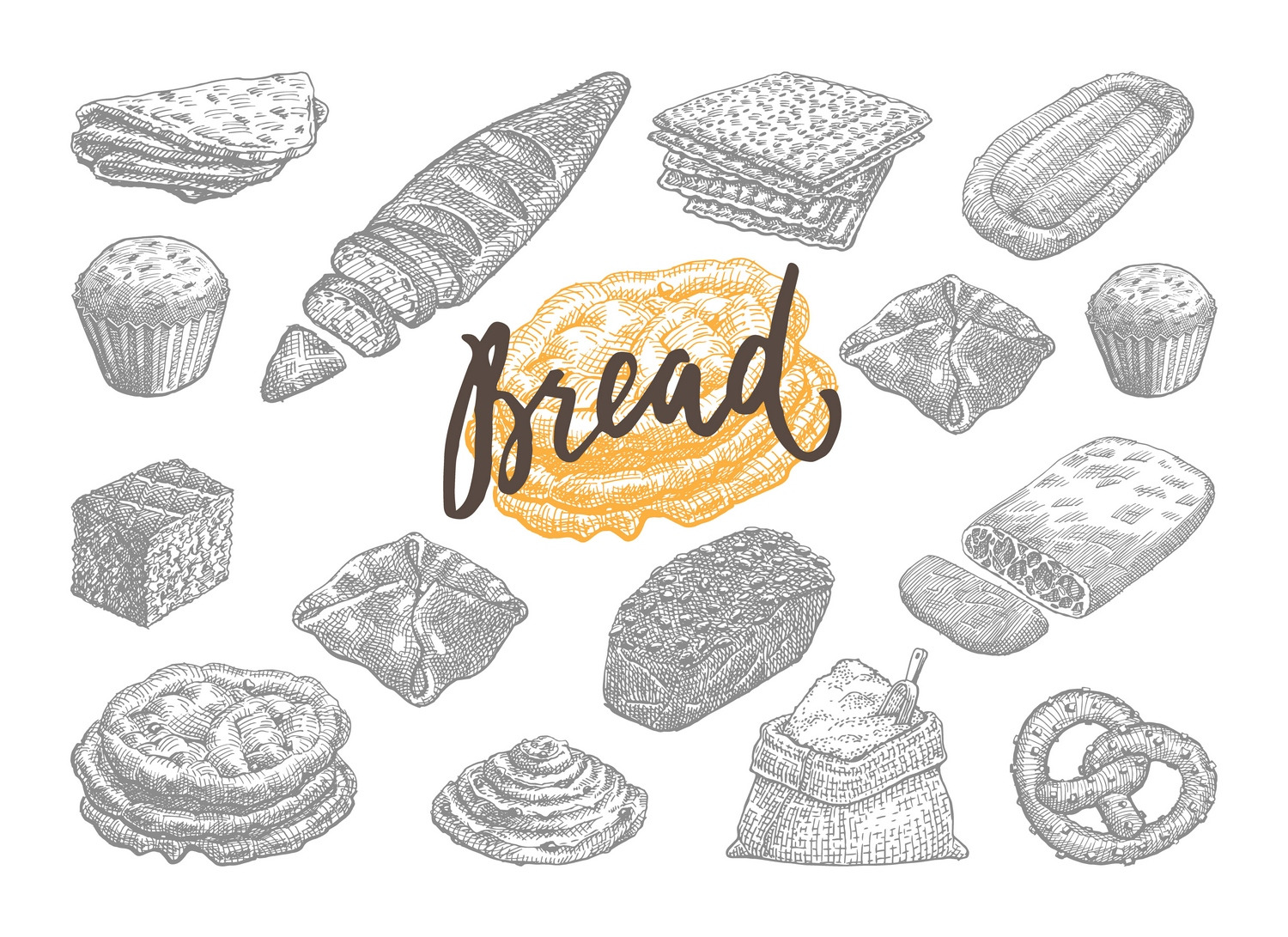 Hand Drawn Bread And Pastries Set, an Icon by Alexander Belenkiy