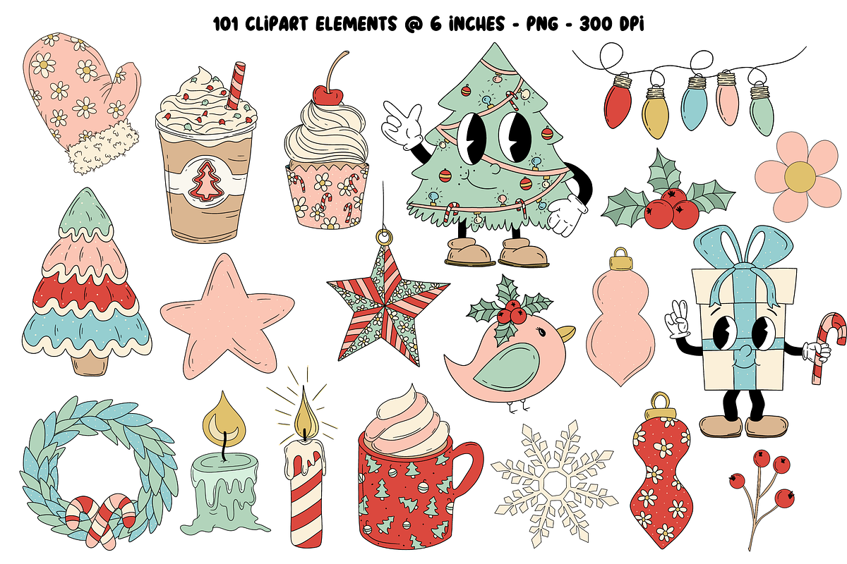 Groovy Retro Christmas Clipart Set, a Graphic by Murphy & Frank