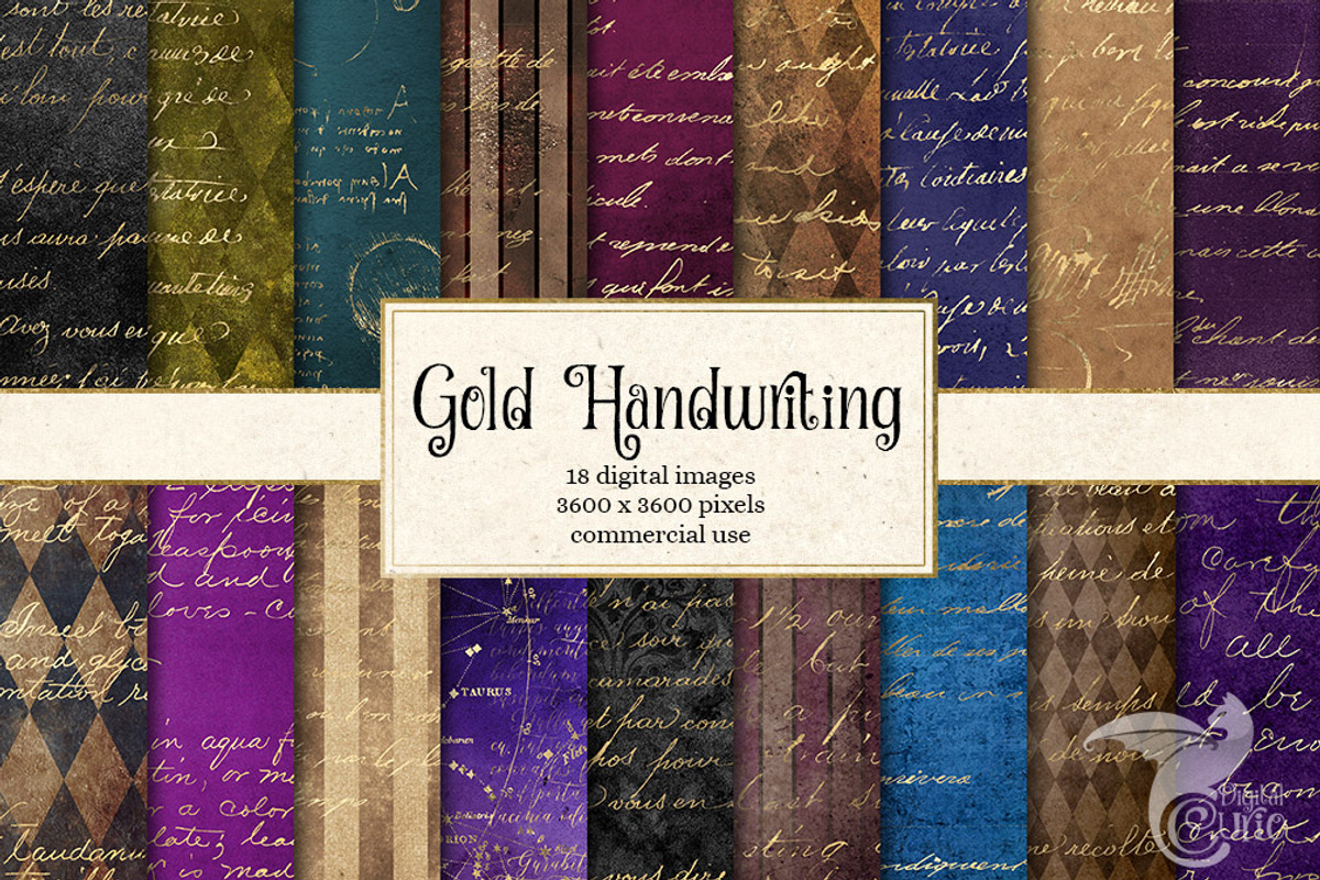Gold Handwriting Digital Paper, a Texture Graphic by Digital Curio
