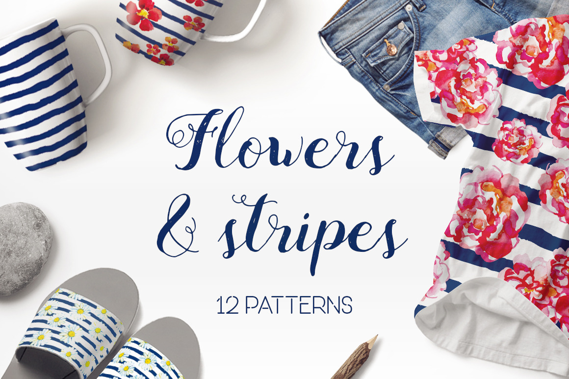 Flowers & Stripes 12 patterns, a Pattern Graphic by OJardin
