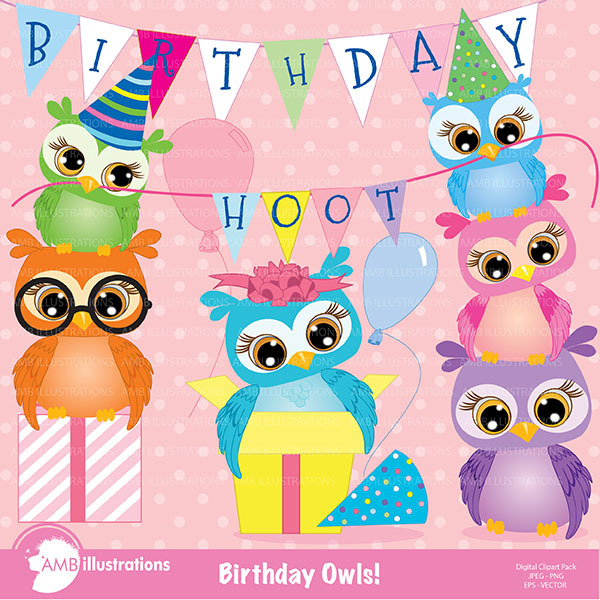 Birthday Owl Clipart AMB-268, an Illustration by AMBillustrations