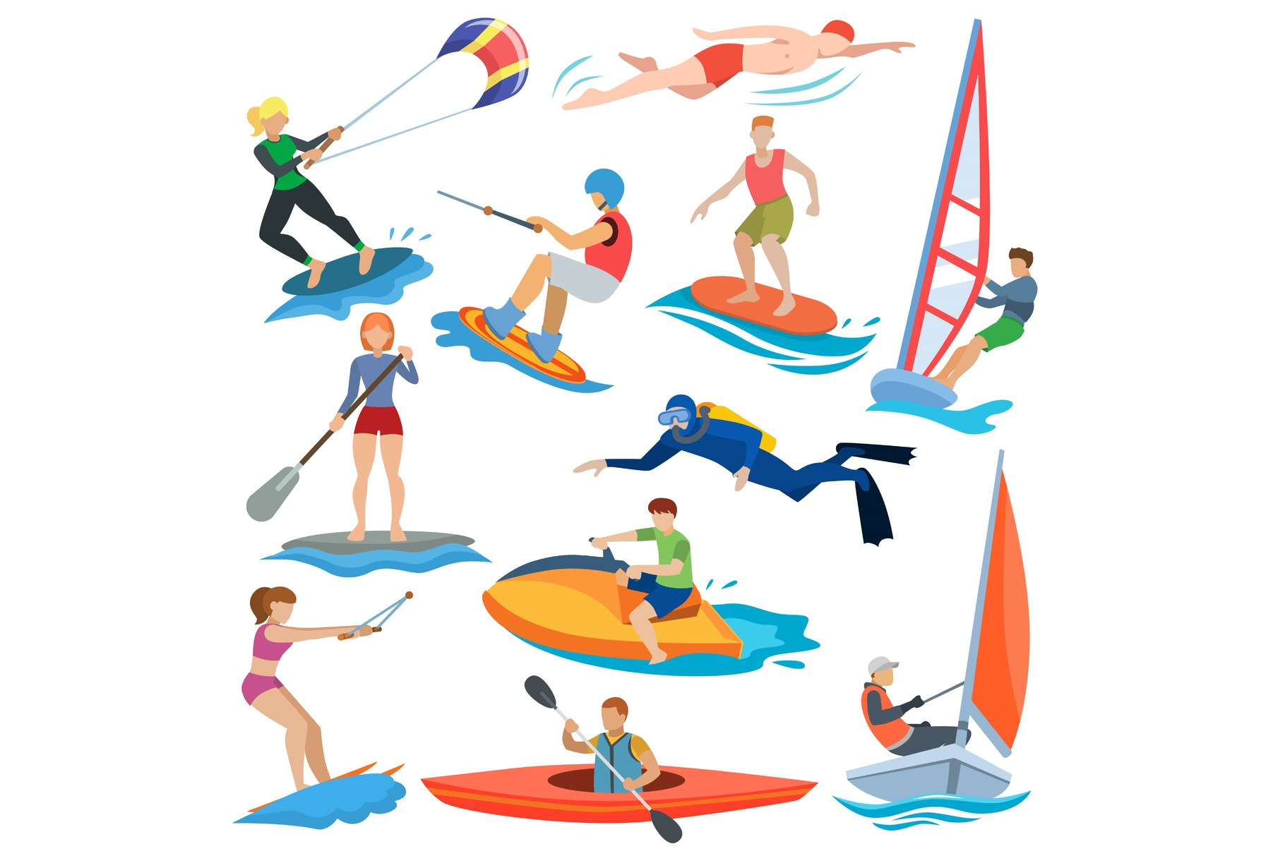 Water sport vector people in extreme activity or windsurfer and ...