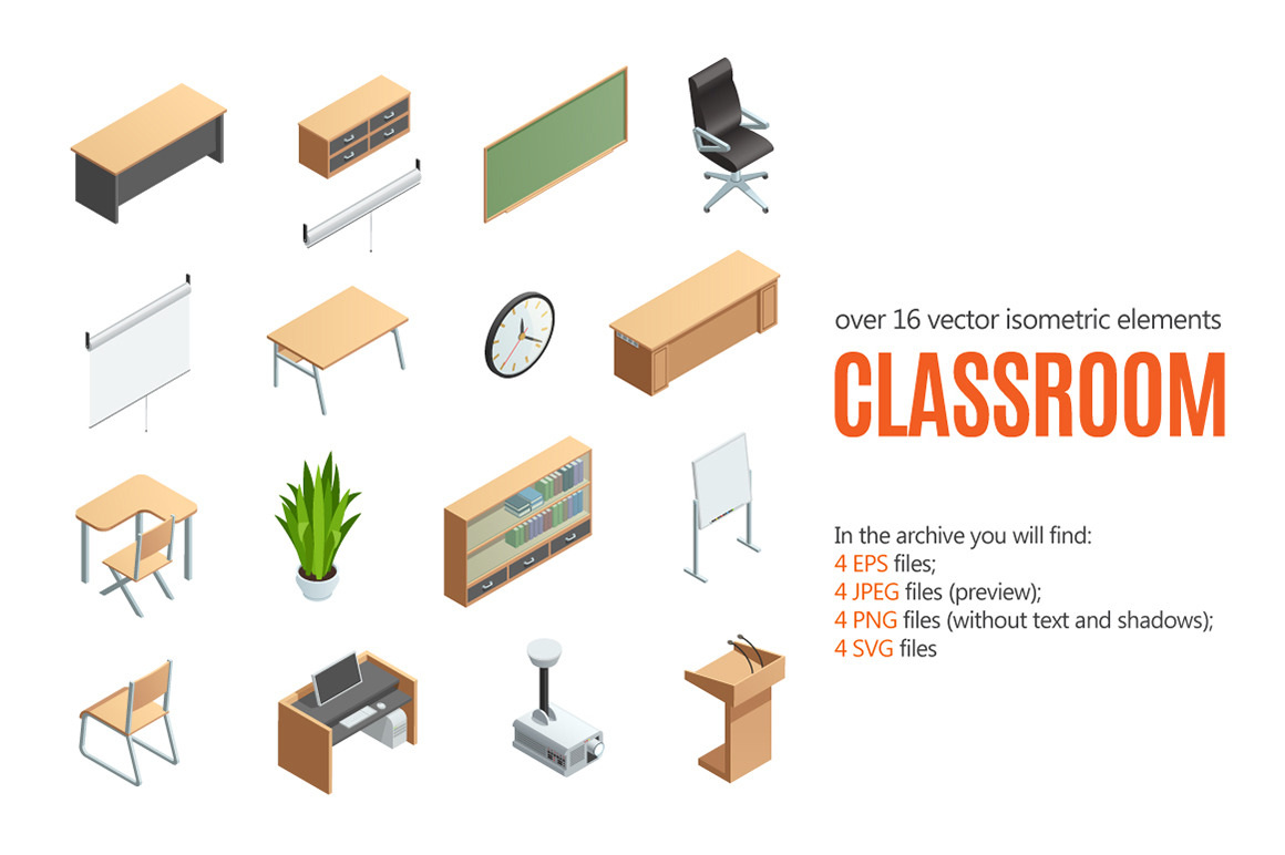 Classroom Isometric Set, a Decorative Illustration by Macrovector