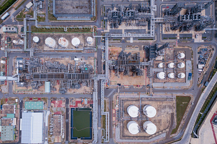 Aerial view of petrochemical oil ref containing buildings, refinery ...