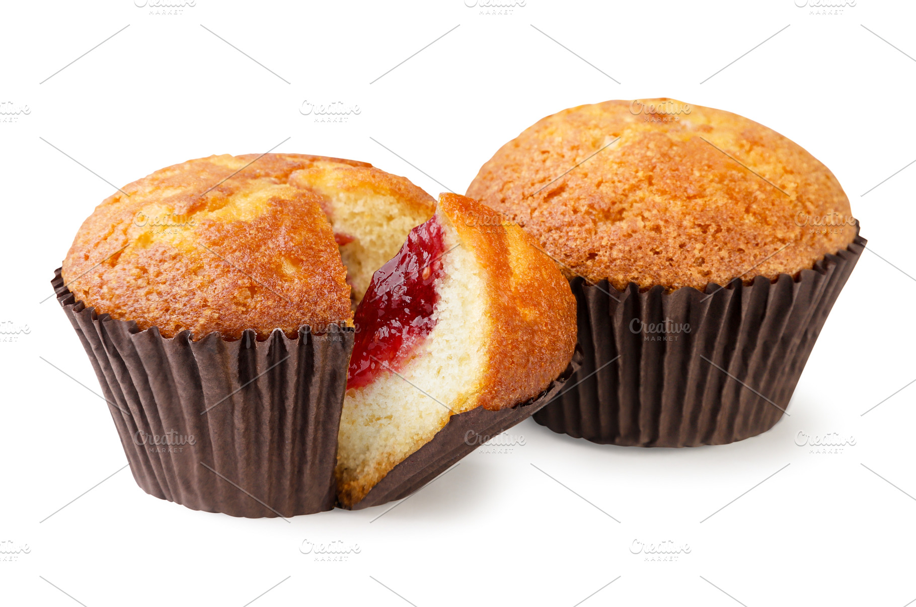 Muffins with a cut out piece and jam, a Food & Drink Photo by innakreativ