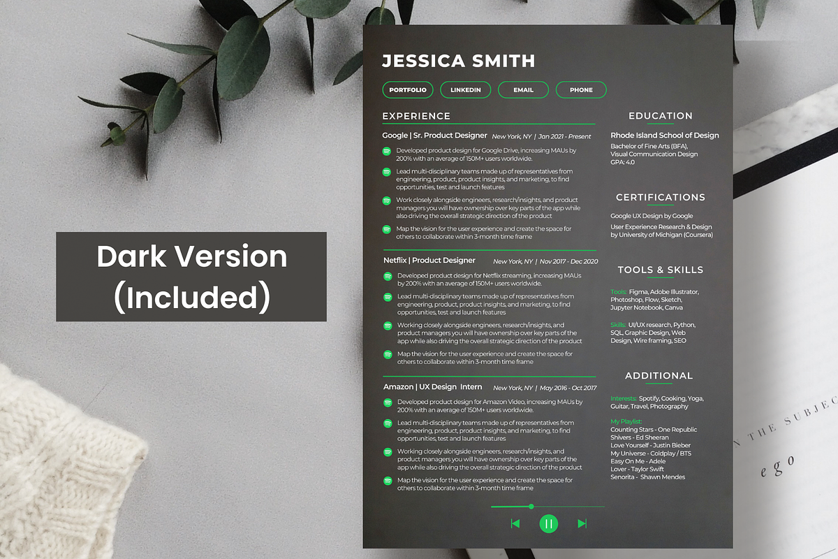 Spotify Resume Template 2023 ATS CV