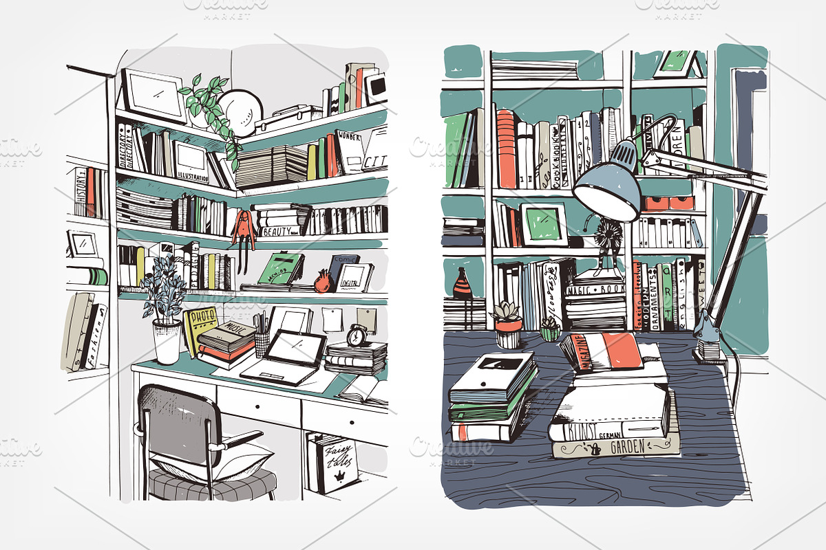 Modern interior library, workplace, a Decorative Illustration by Good ...