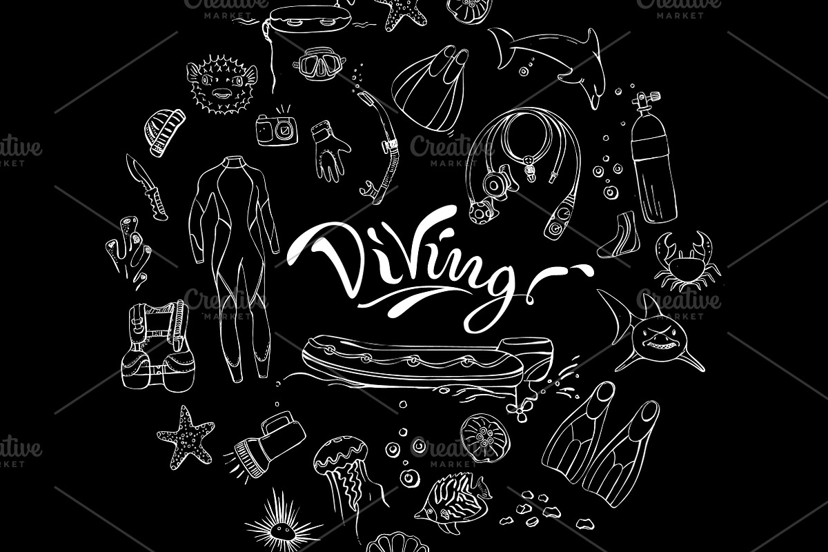 Diving doodles, patterns, lettering., an Illustration by airdynamic