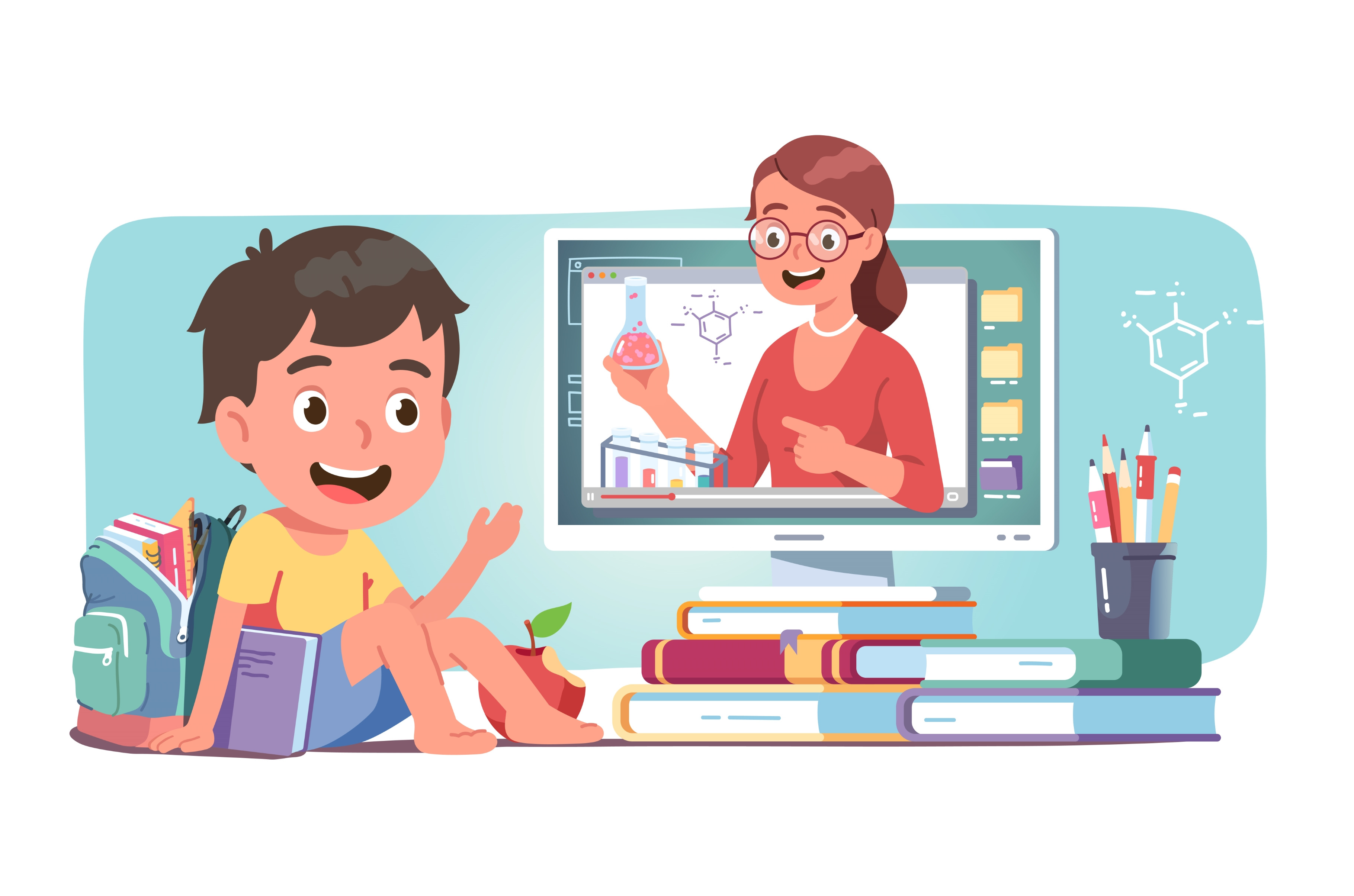 Boy studying watching video lesson | Education Illustrations ~ Creative ...