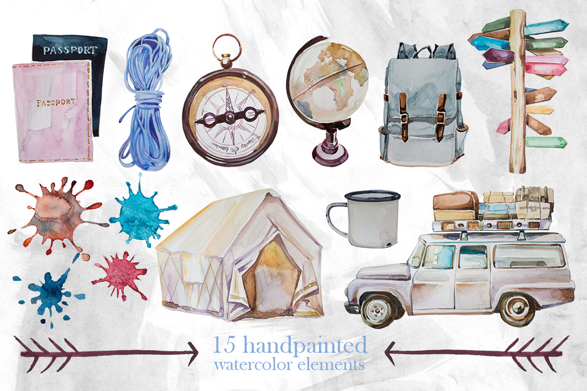 Watercolor Travel Clipart, an Object Illustration by ArtCreationsDesign