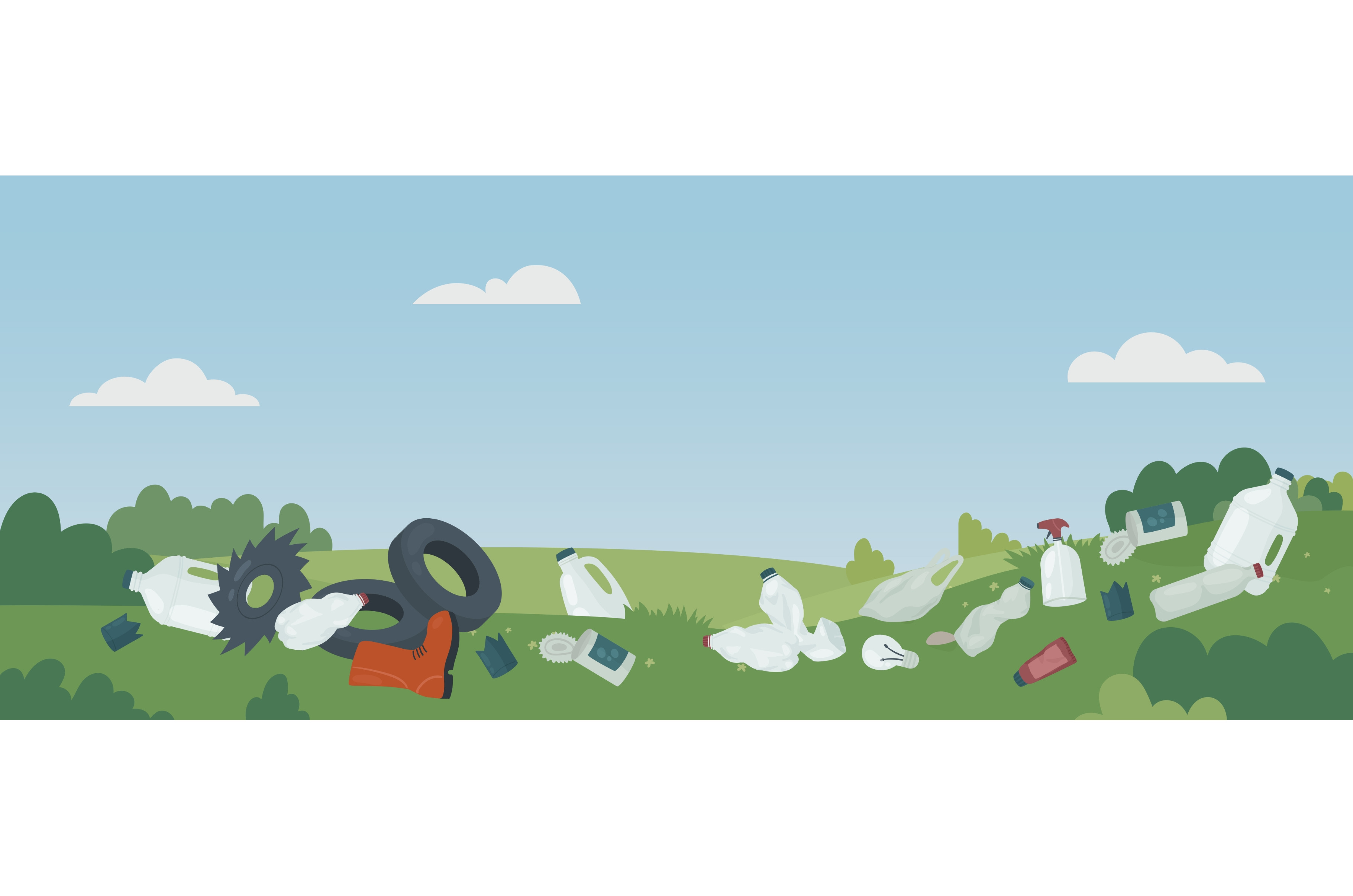 Dump garbage trash on green grass, an Illustration by Flashvector