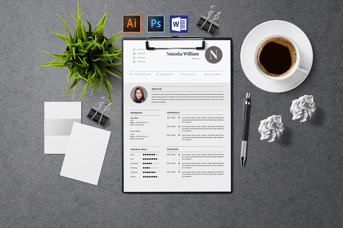 Minimalist CV Resume Template Teacher | Creative Market
