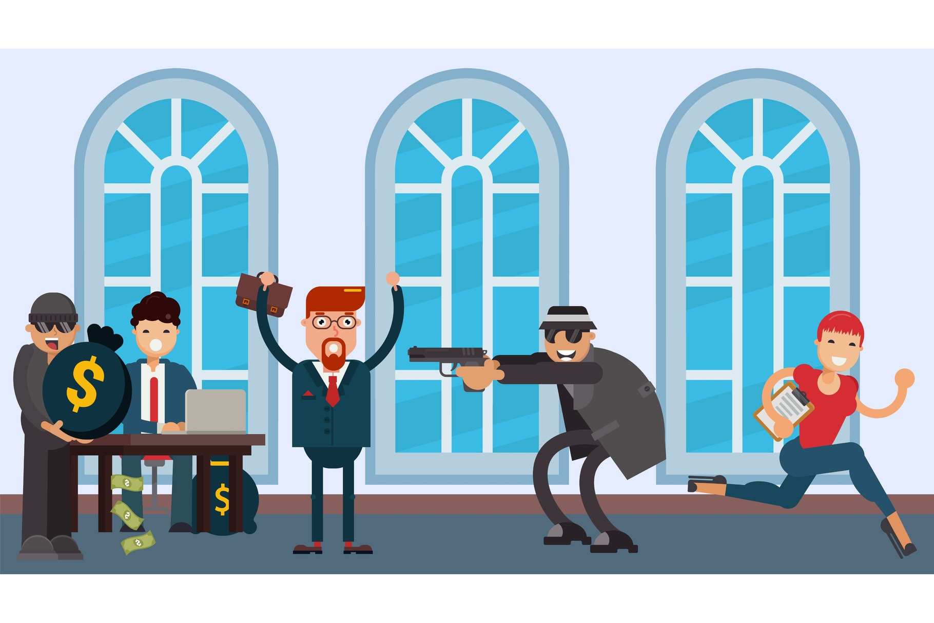 Bank robbery, criminals in hats and, a Person Illustration by KitVector
