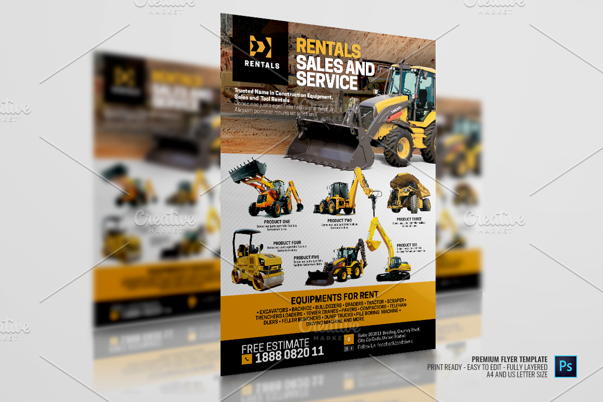 Construction Equipment Rentals Flyer, a Flyer Template by PSDPixel