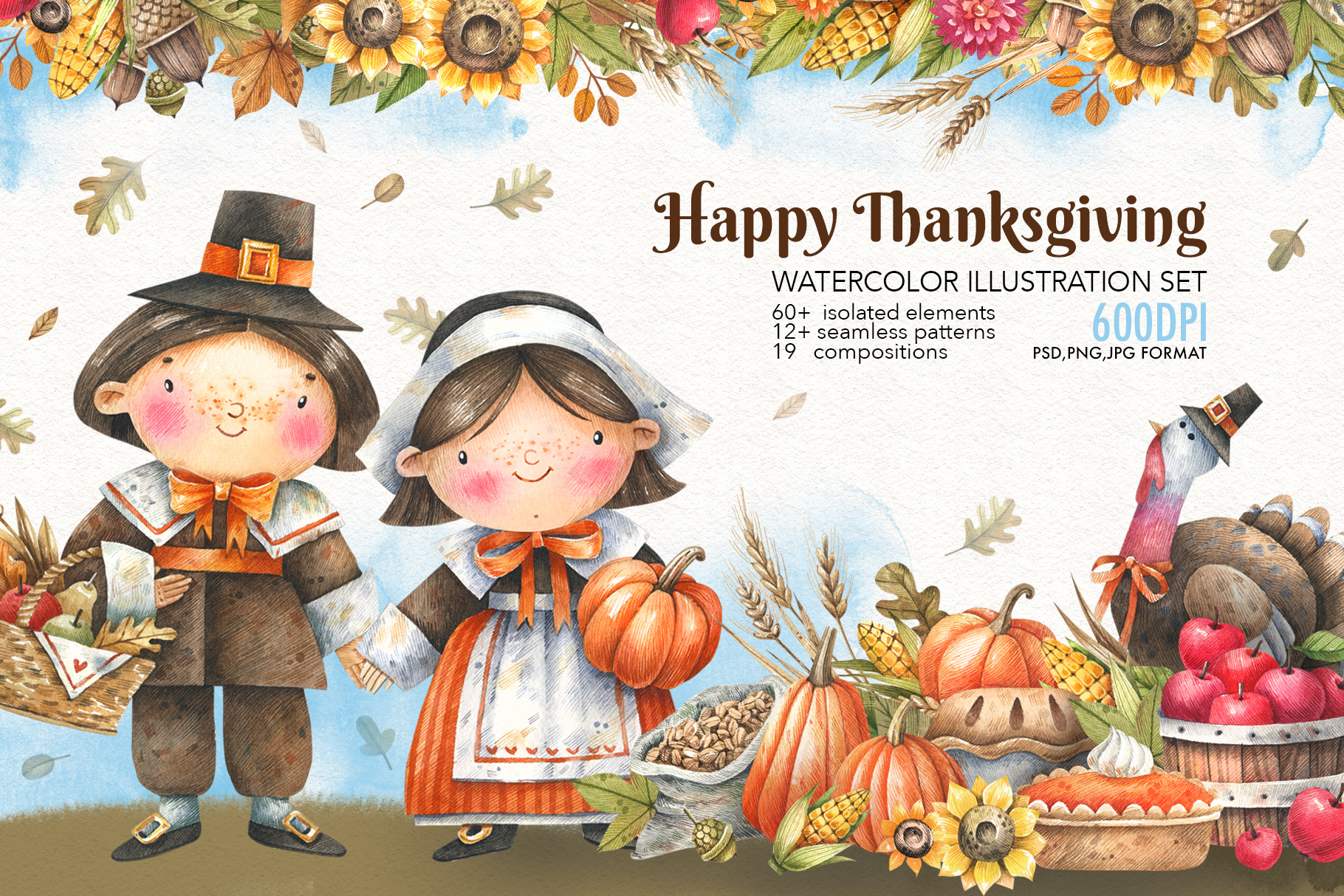 Happy Thanksgiving Day!, a Decorative Illustration by Watercolor by ...