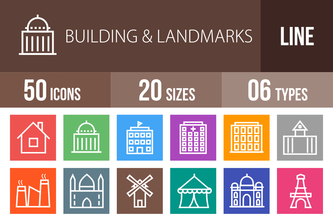 50 Buildings Line Multicolor Icons | Outline Icons ~ Creative Market