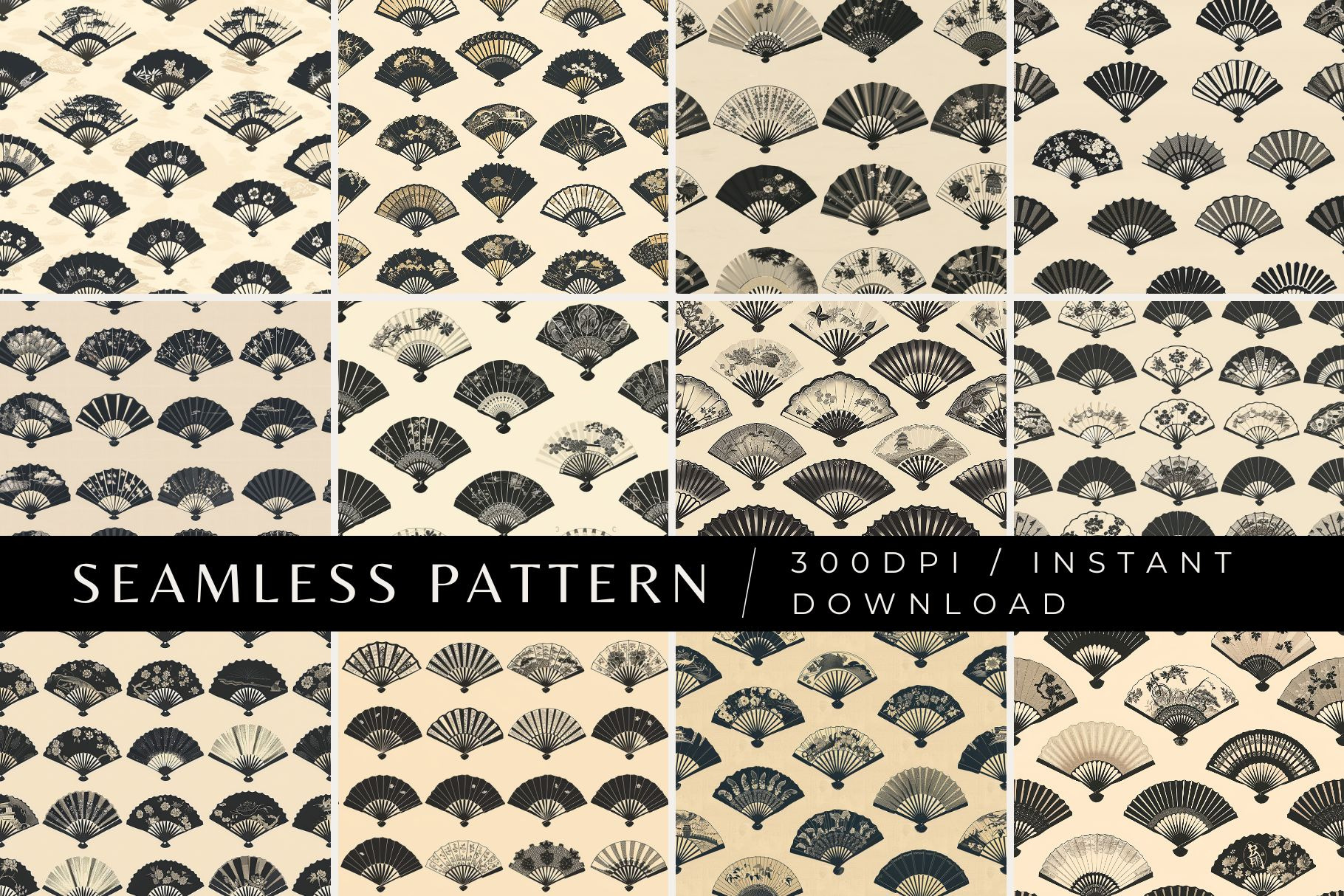 12 Monochrome Oriental Fans Patterns, a Pattern Graphic by Inknfolly
