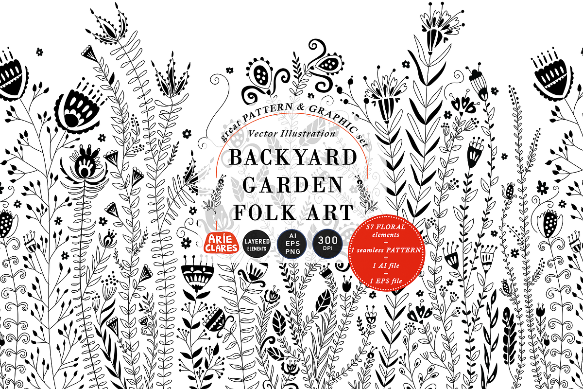Backyard Garden Folk Art, a Pattern Graphic by Arie Clares