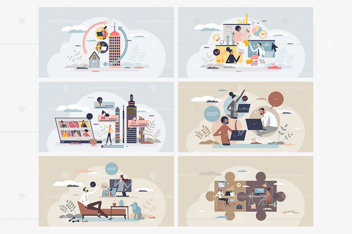 6 Hybrid Work Concepts, a Person Illustration by VectorMine
