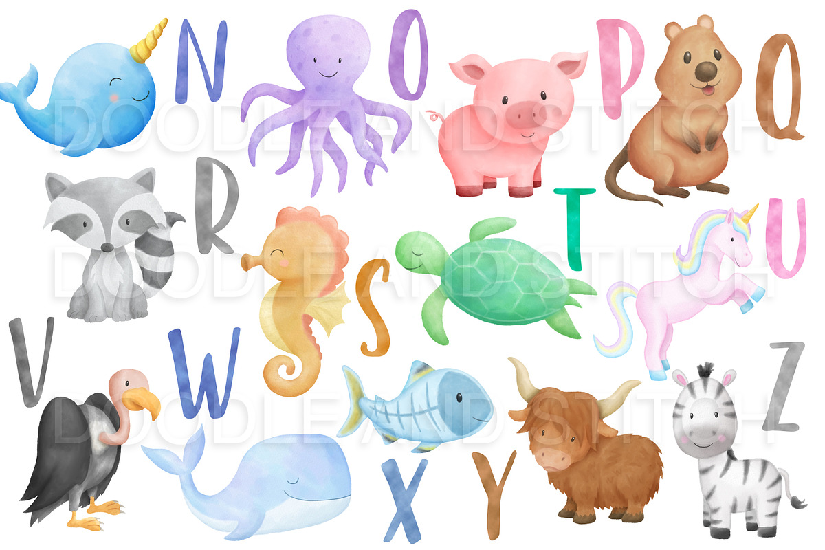 Alphabet Animal Watercolor Clipart, an Animal Illustration by Doodle ...