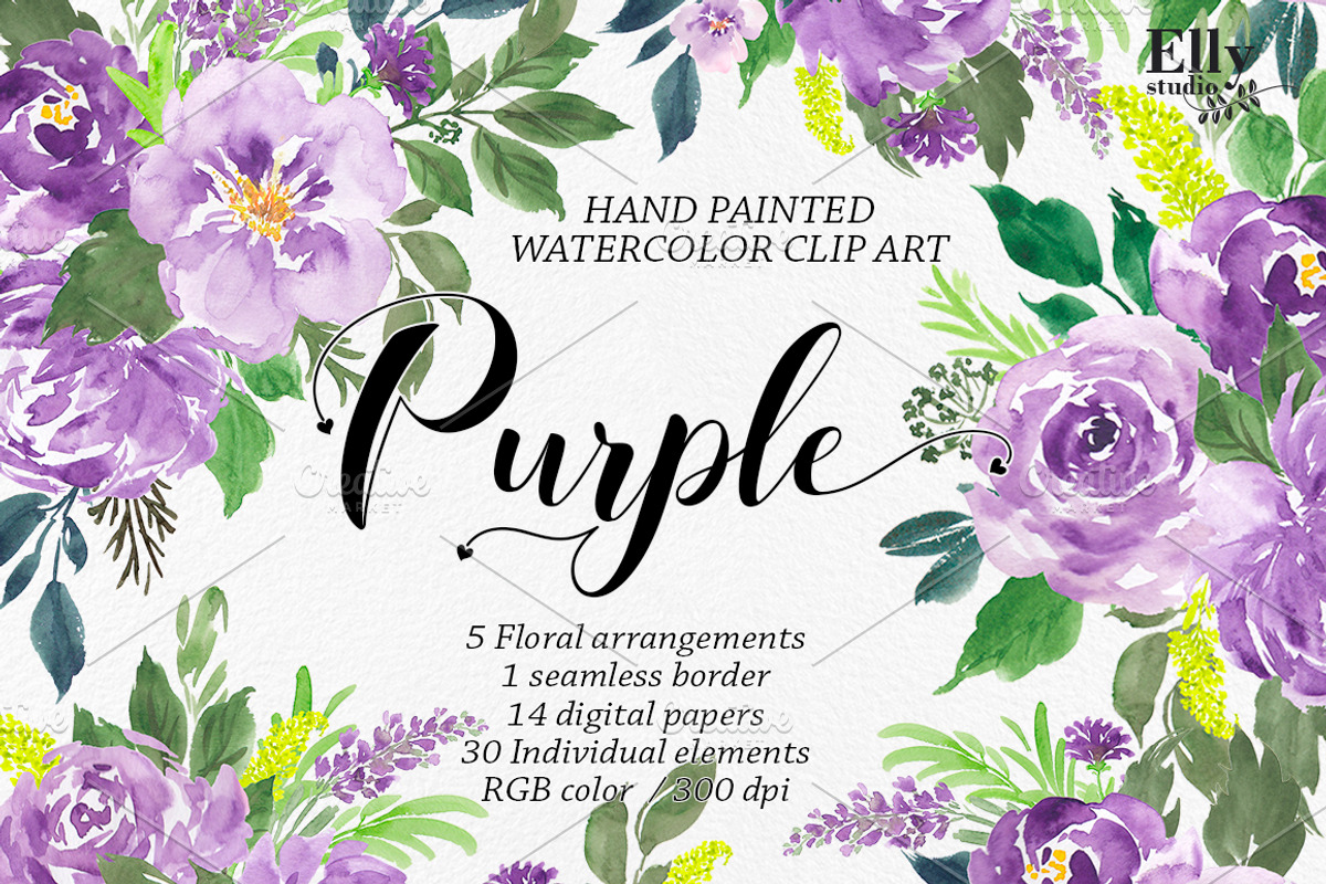 Purple Watercolor Flowers Clip Art, an Illustration by Elly Studio