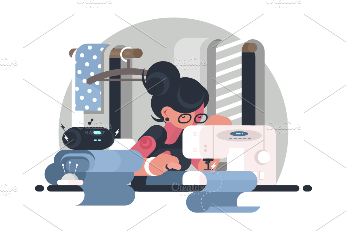 Girl seamstress in workplace, a Person Illustration by Kit8.net