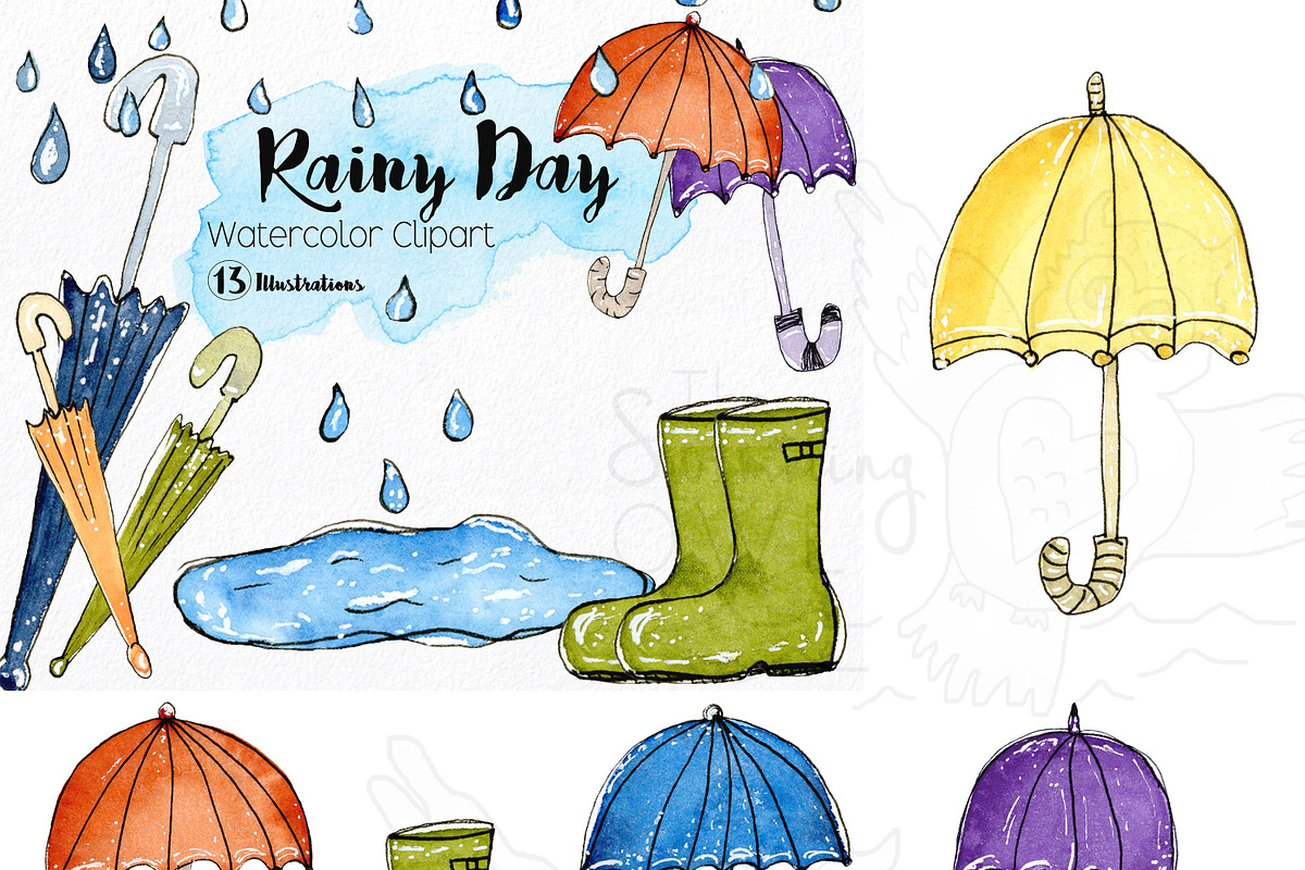 Rainy Day Spring Watercolor Clipart, an Illustration by The Swimming Owl