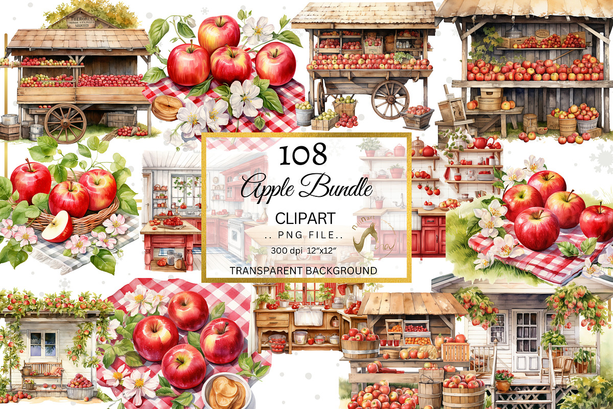 Apple Clipart Bundle, Watercolor PNG, an Illustration by NiiiNArt