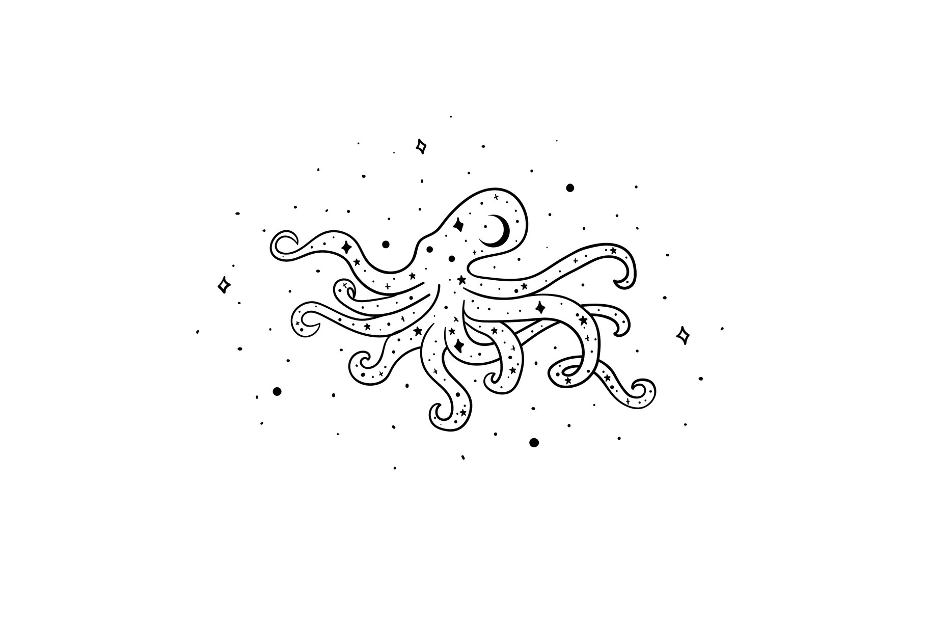 Mystical octopus with moon and stars, an Animal Illustration by Mila Di Art