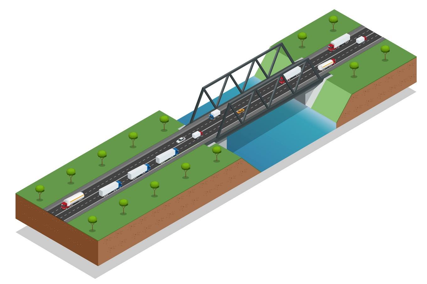 Isometric bridge over the river. Commercial transport. Truck car, a ...