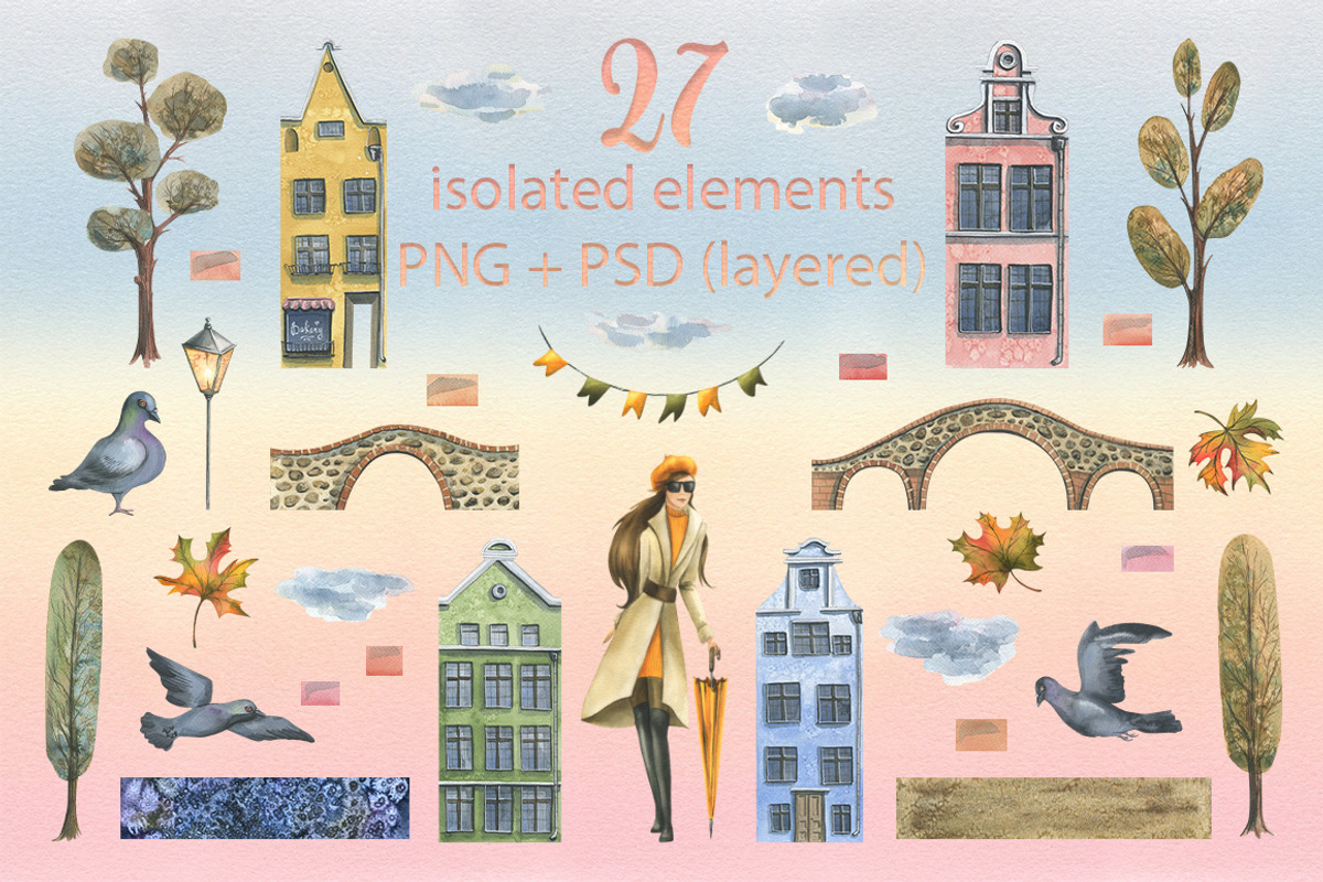 Houses in autumn watercolor clip art, an Object Illustration by NATASHA CHU