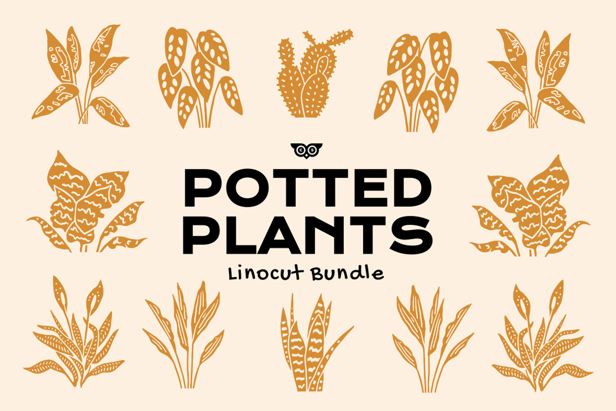 Potted Plants Linocut Bundle, an Illustration by ClayStudio