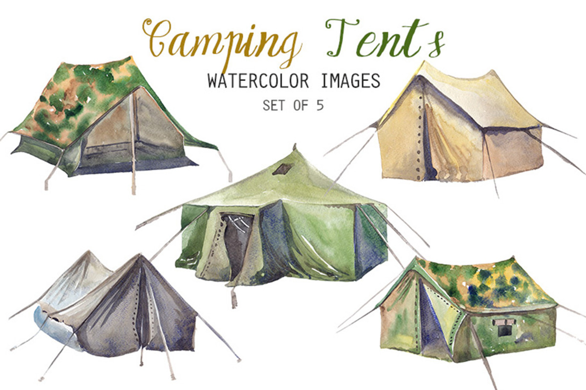 Watercolor Camping Tents Clipart, an Illustration by YesFoxy