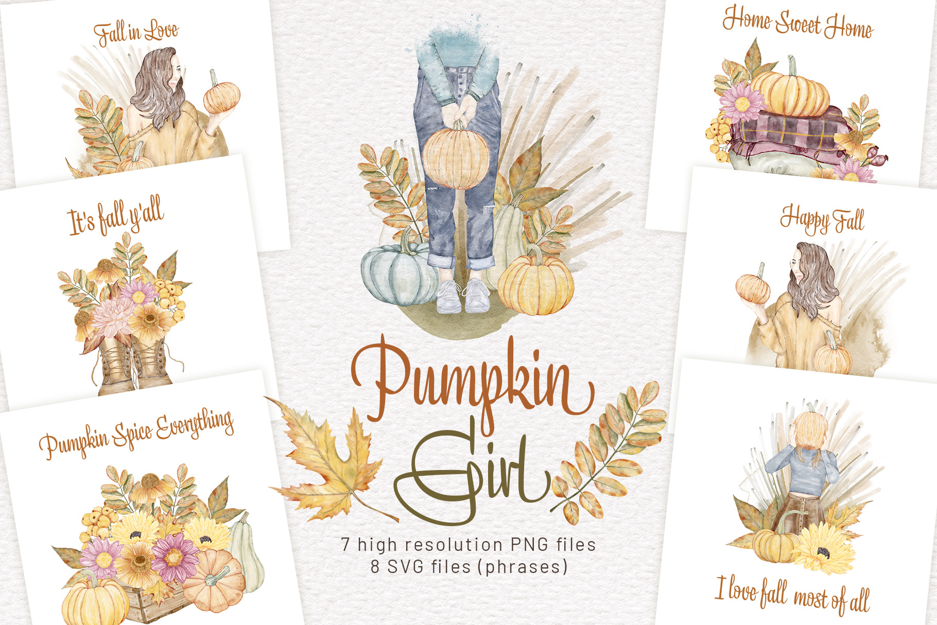 Pumpkin Fall Girls Autumn Watercolor Clipart | Creative Market
