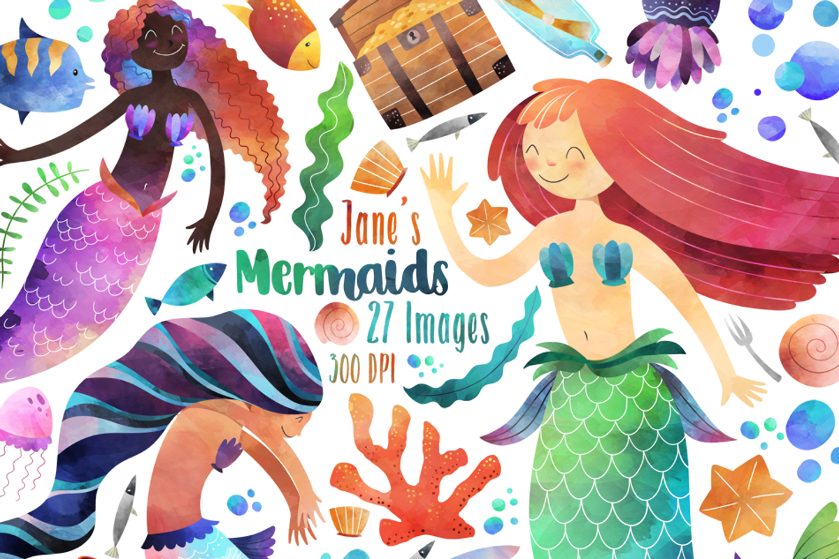 Watercolor Mermaids Clipart, an Illustration by DigitalArtsi