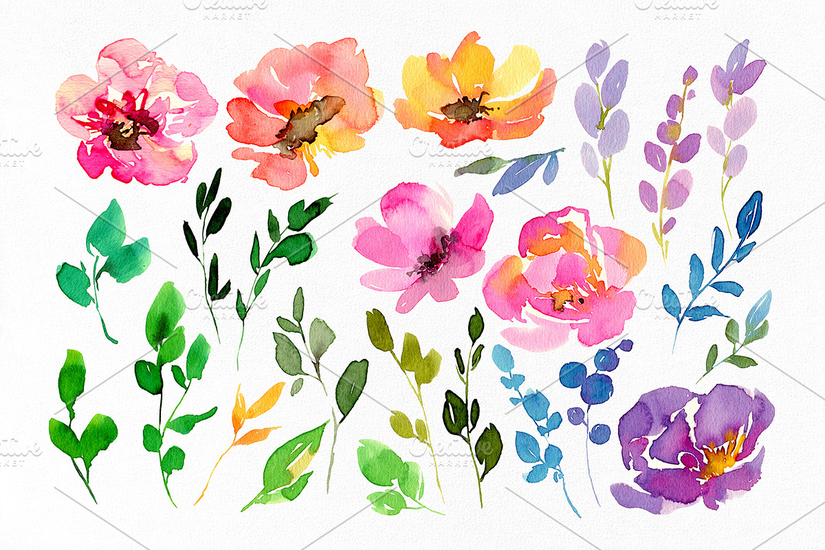 Bright Watercolor Flowers, an Illustration by GraphicsDish