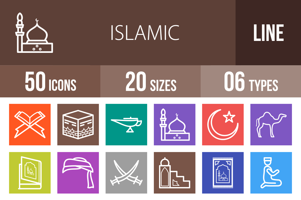 50 Islamic Line Multicolor Icons, an Outline Icon by IconBunny