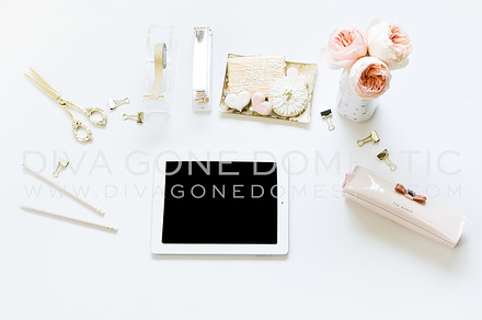 Styled Stock Photo - Girly iPad Desk, an iPad Mockup by avenuetwentyone