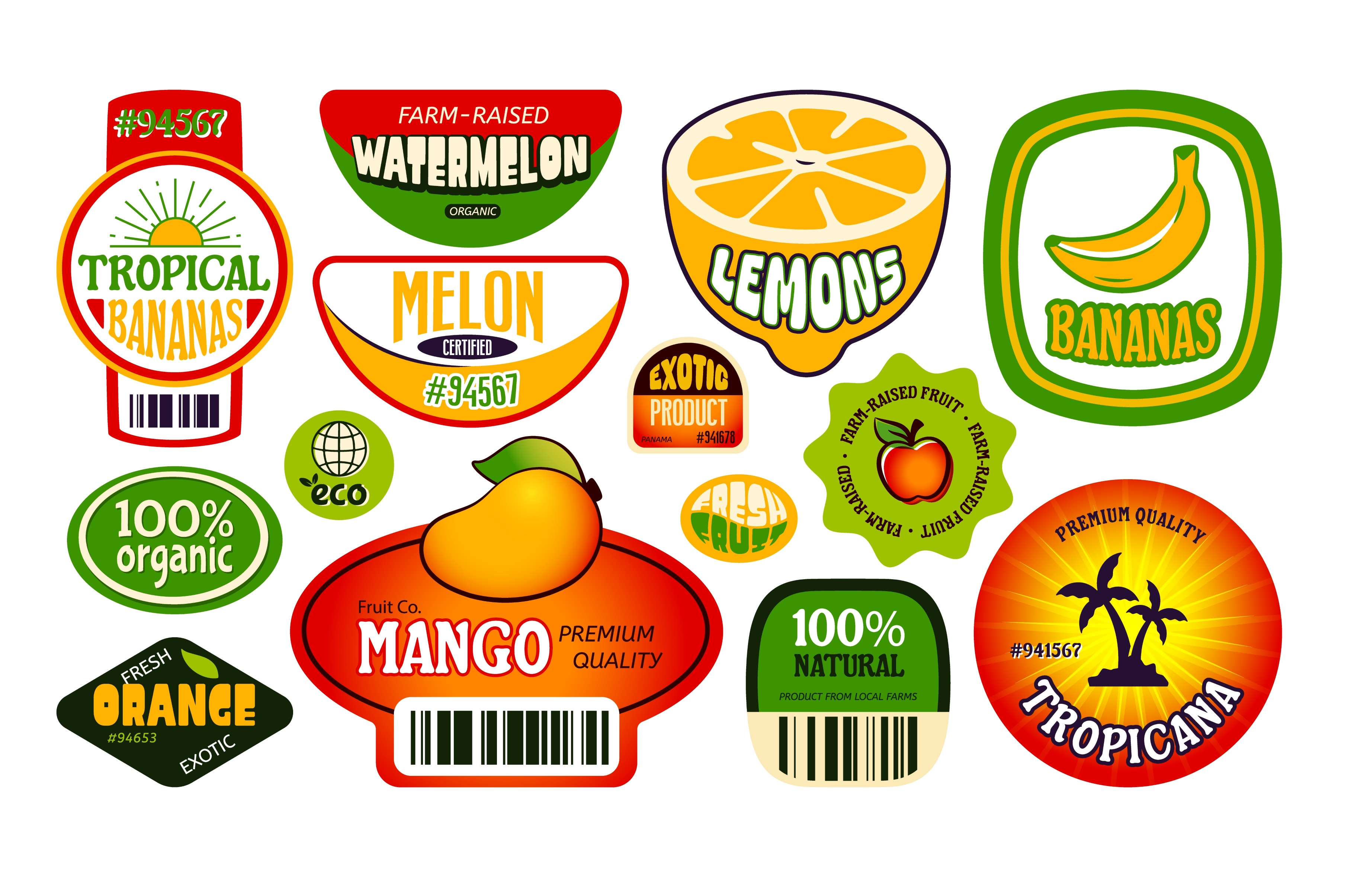 Retro farm fruit stickers set, a Food Illustration by art PVP - market