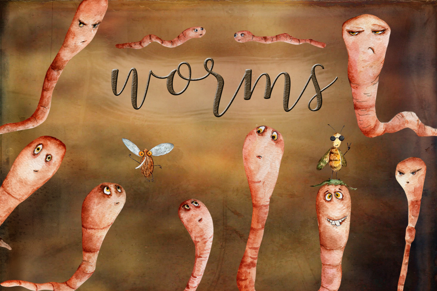 Collection of watercolor worms, a Decorative Illustration by Watercolor ...